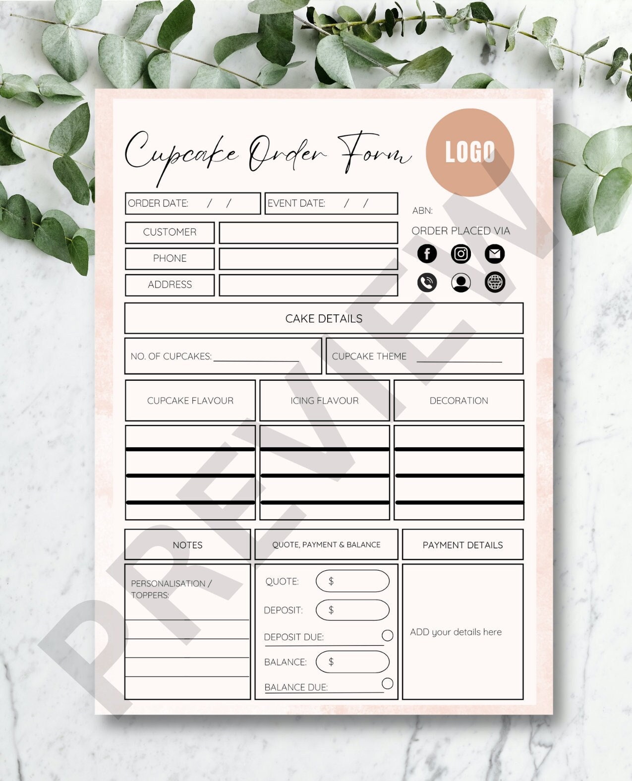 EDITABLE Cupcake Order Form | Bakery PDF Printable, Cake Business Form ...