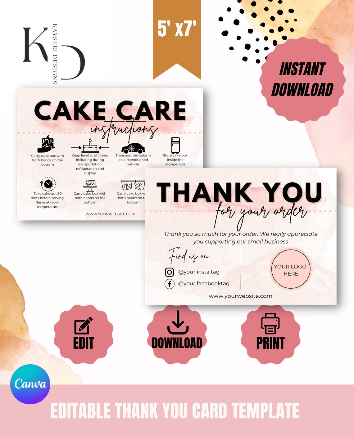EDITABLE Cake Care Card Template, Cake Business Thank You Cards, Cake ...
