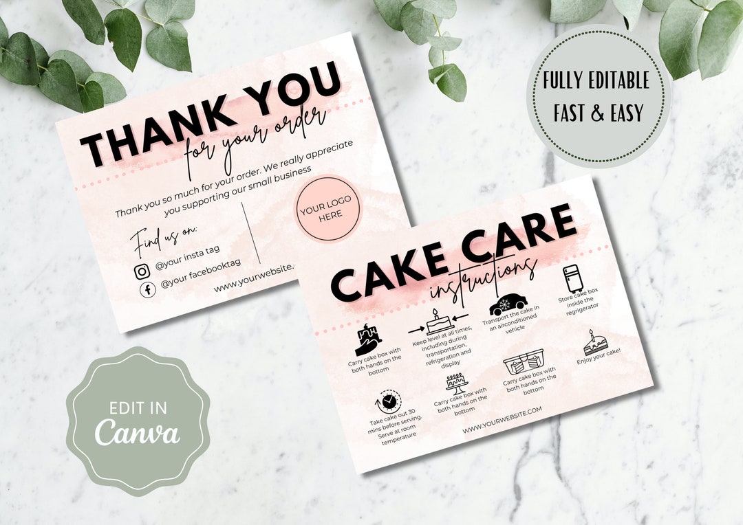 EDITABLE Cake Care Card Template, Cake Business Thank You Cards, Cake ...