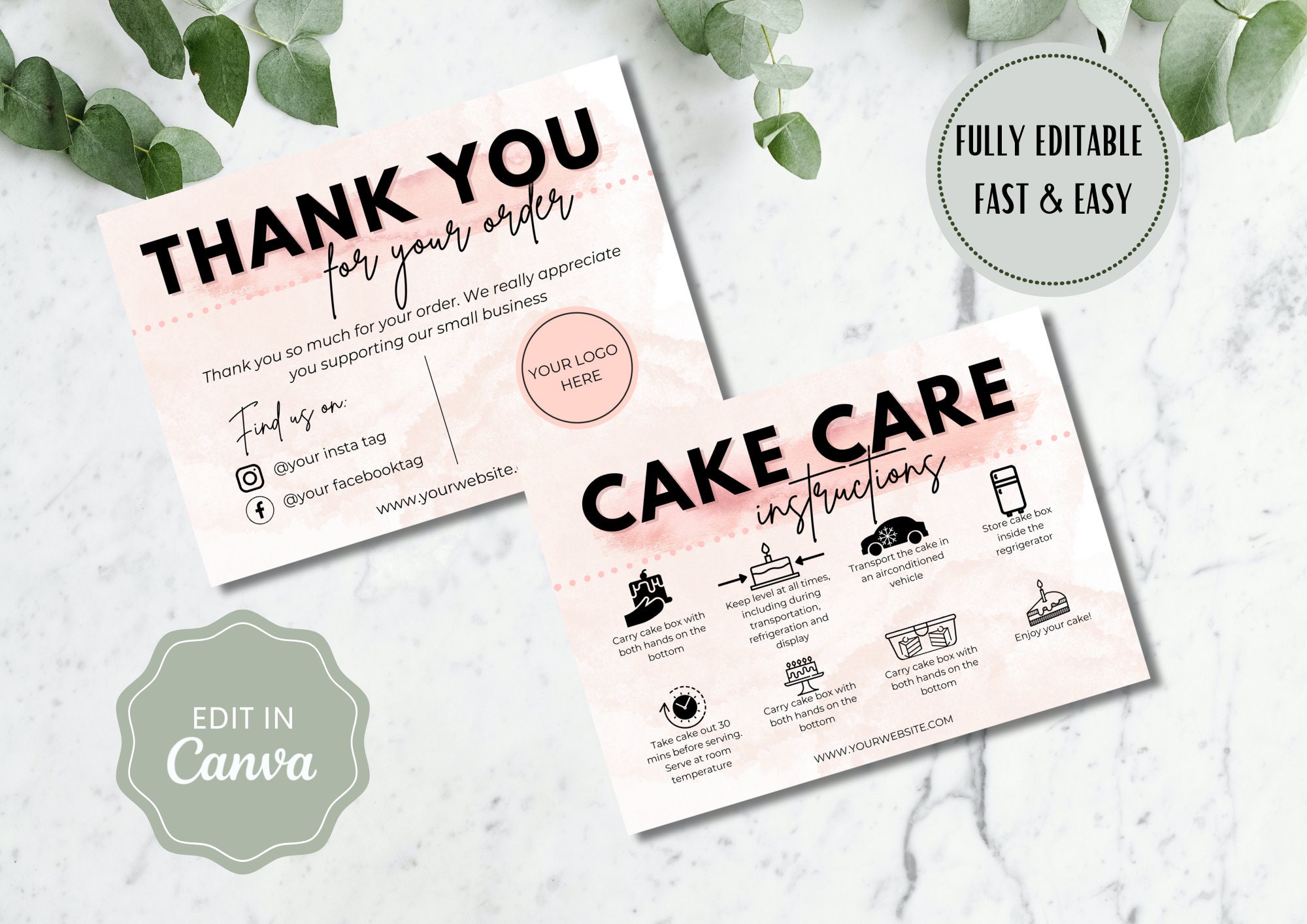 EDITABLE Cake Care Card Template, Cake Business Thank You Cards, Cake ...