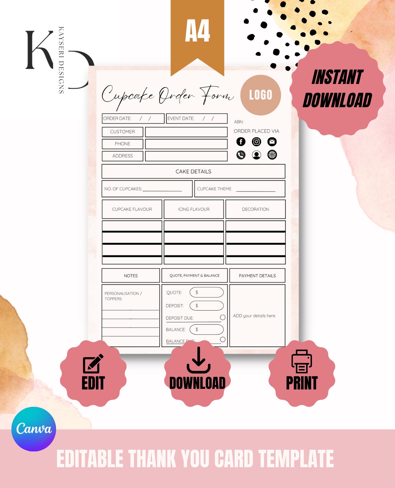 EDITABLE Cupcake Order Form | Bakery PDF Printable, Cake Business Form ...