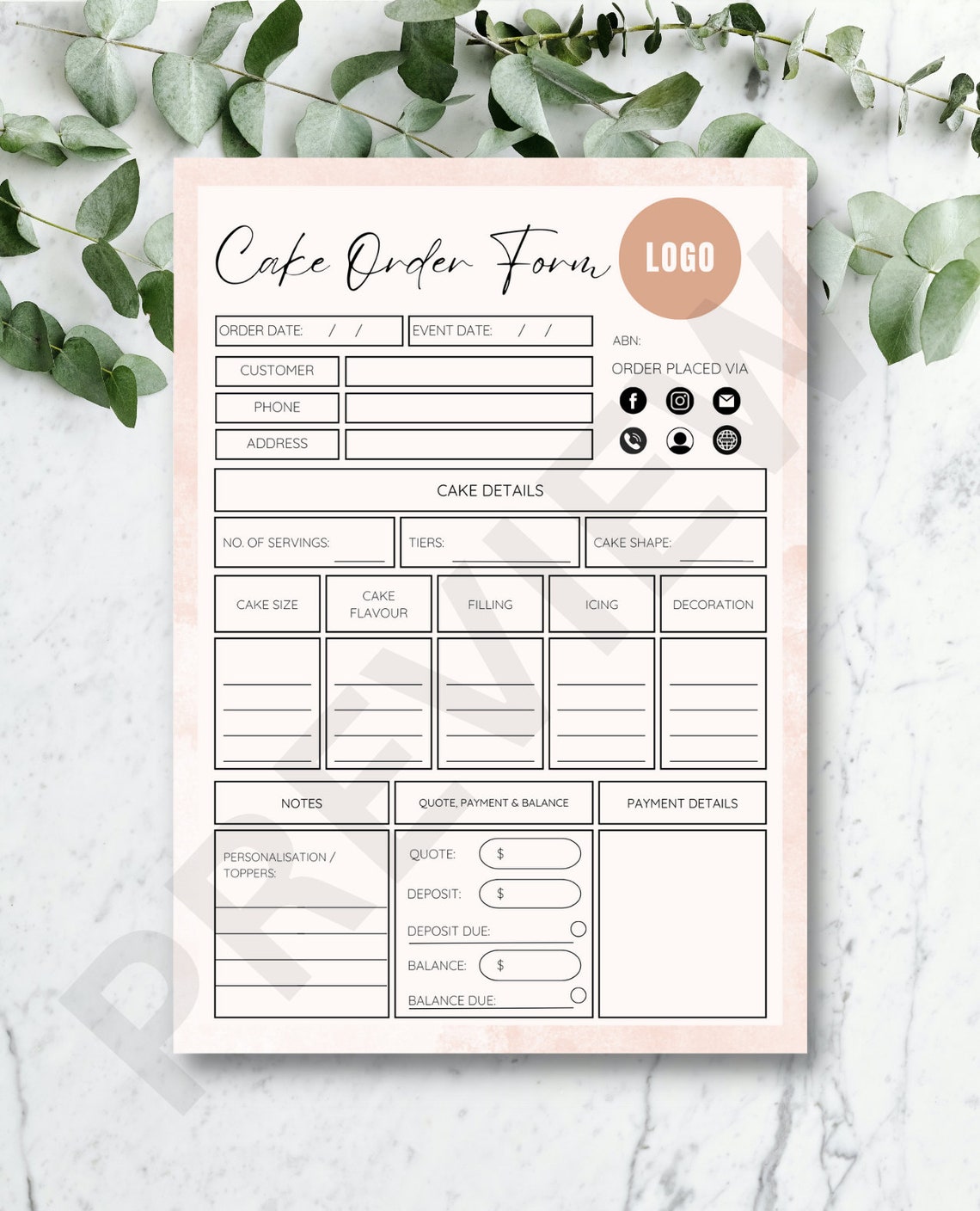 EDITABLE Cake Order Form | Bakery PDF Printable, Cake Business Form ...