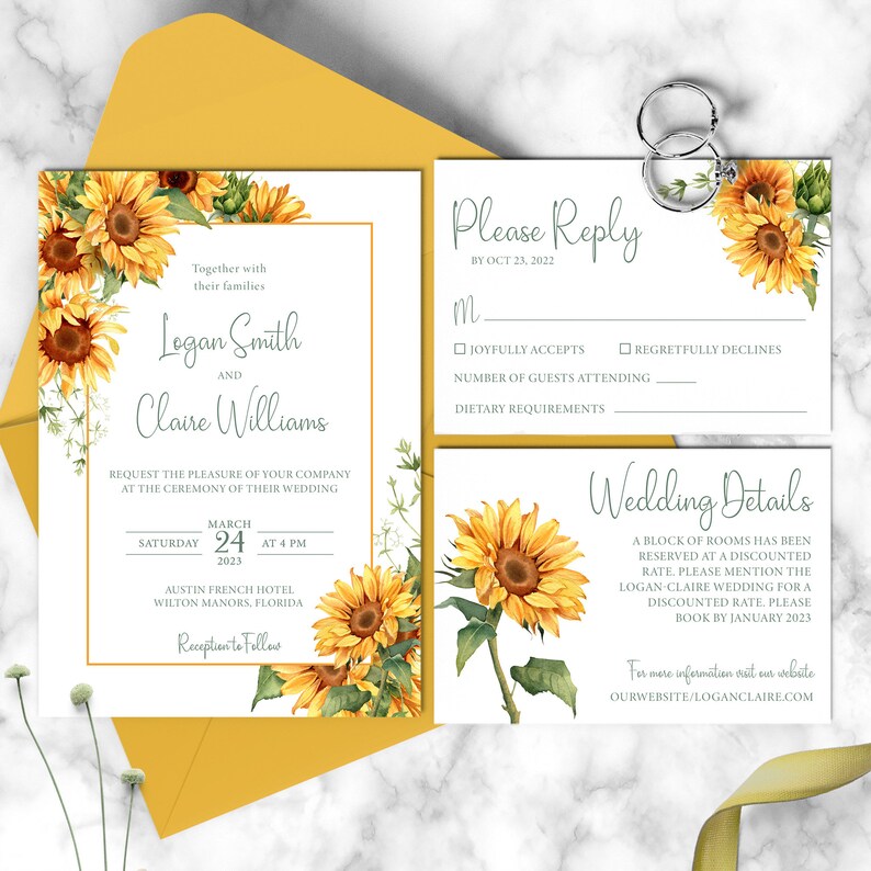Sunflower Frame Wedding Invitation Suite | Watercolor Wedding Invite | Elegant Flower Invite ...