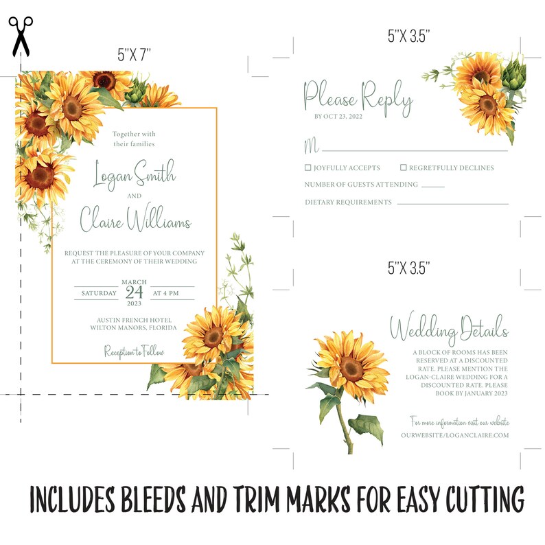 Sunflower Frame Wedding Invitation Suite | Watercolor Wedding Invite | Elegant Flower Invite ...