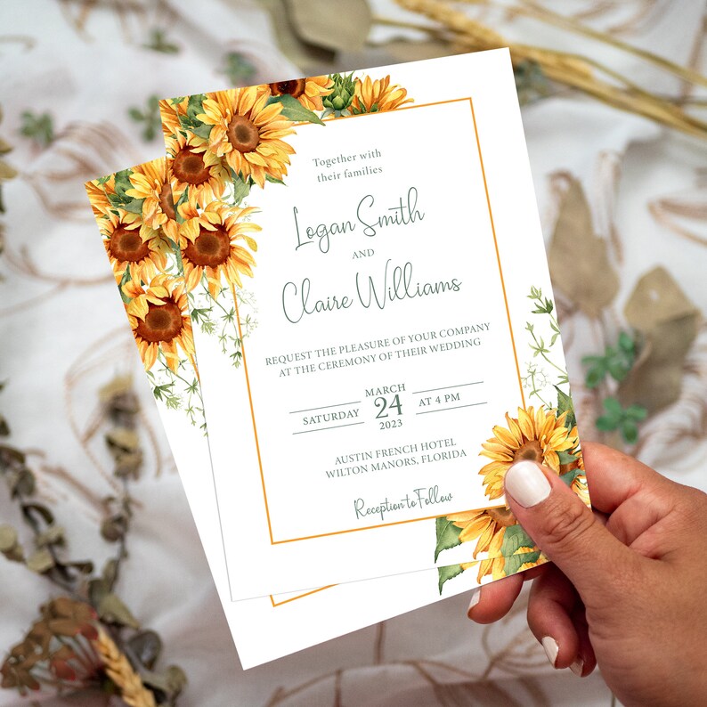 Sunflower Frame Wedding Invitation Suite | Watercolor Wedding Invite | Elegant Flower Invite ...