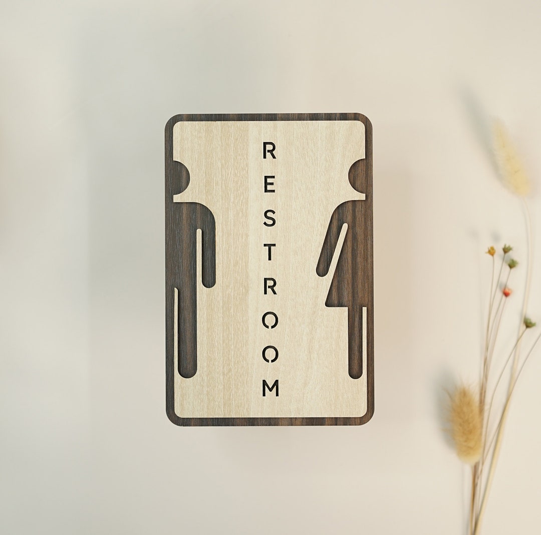 Restroom Wooden Sign, Toilet Wall Sign, Wood Sign 3D, Door Sticker Sign ...
