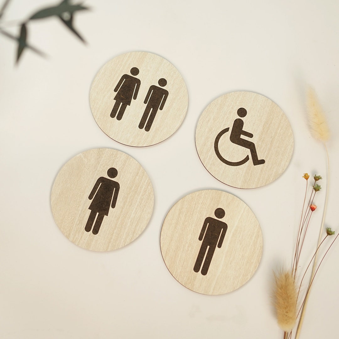 Restroom Sticker Wooden Sign, Toilet Sign, WC Sign Wood Self-adhesive ...