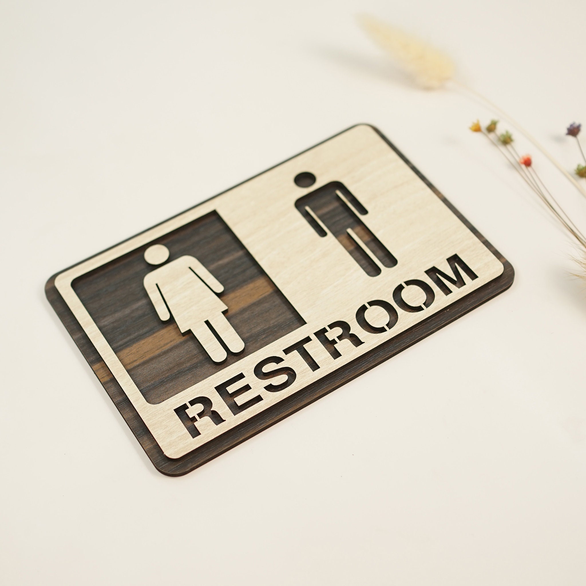 Restroom Sign, Restroom Wooden Sign, Wood Sign 3D, Door Sticker Sign ...
