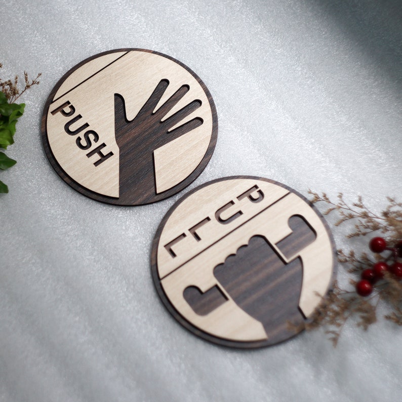Circular Rounded Sign - Wooden Door Sticker Pull Push for to Open and ...