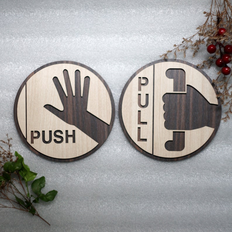 Circular Rounded Sign - Wooden Door Sticker Pull Push for to Open and ...