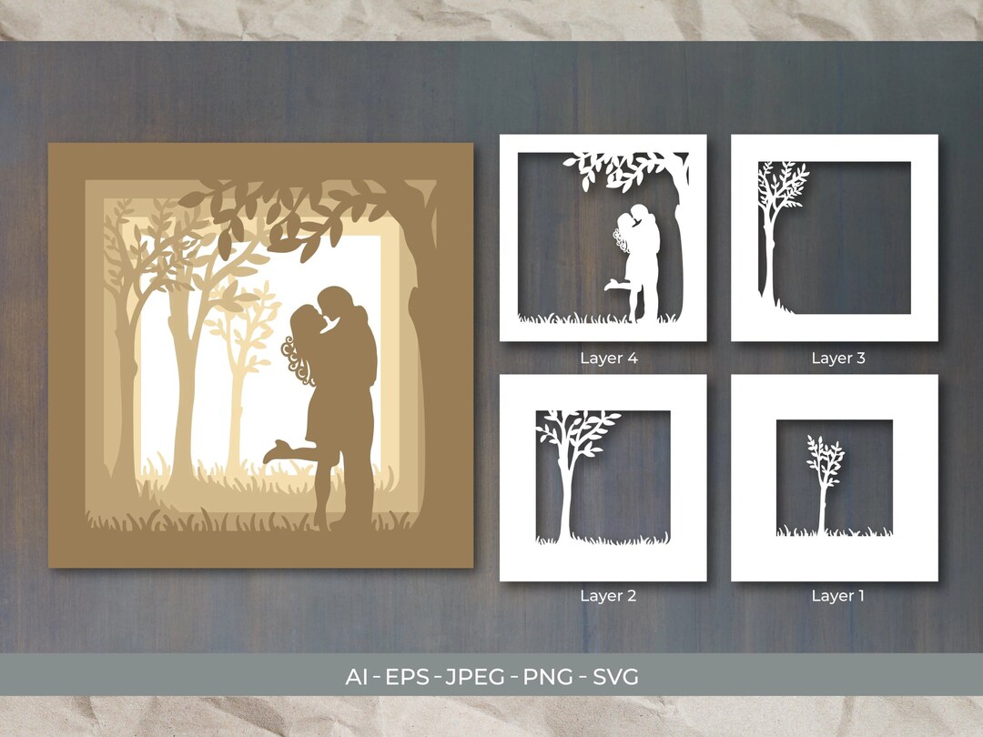 Lovely Couple 3D Papercut Shadow Box, 3D Layered Couple SVG Shadow Box ...