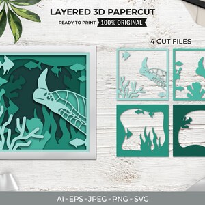 Sea Turtle Under the Sea, 3D Papercut Shadow Box, 3D Layered SVG Shadow ...