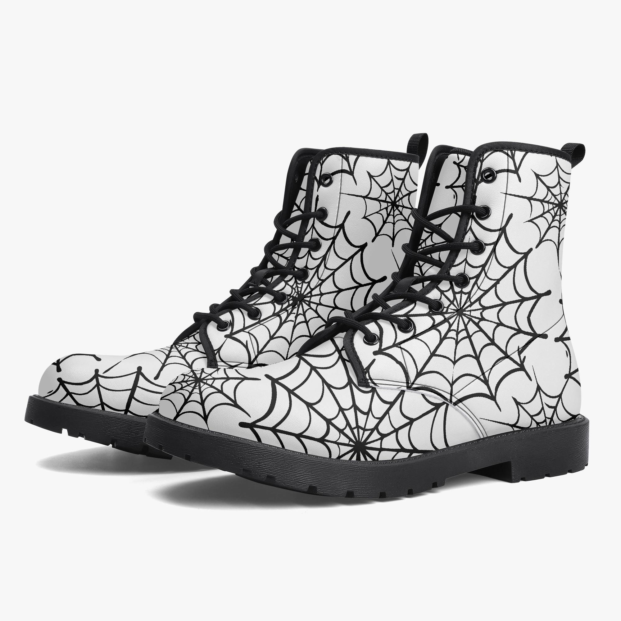 Web Weaver Gothic Combat Boots – Black Spiderwebs on White Vegan ...