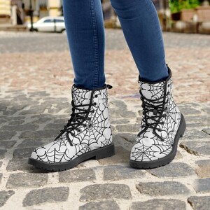 Web Weaver Gothic Combat Boots – Black Spiderwebs on White Vegan ...