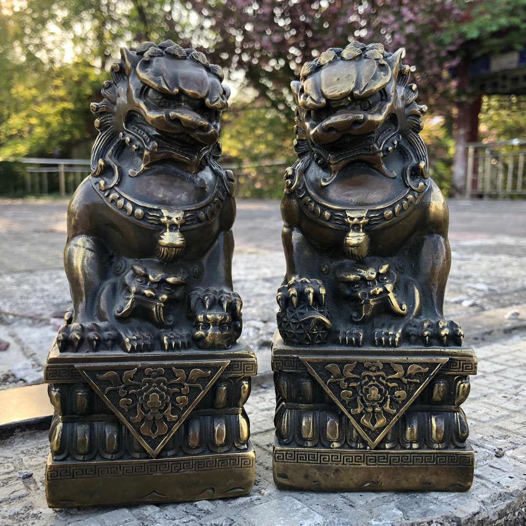 MD025 Vintage Antique Fu Foo Dog Lion Statue Pair Signed, Old Antiques ...