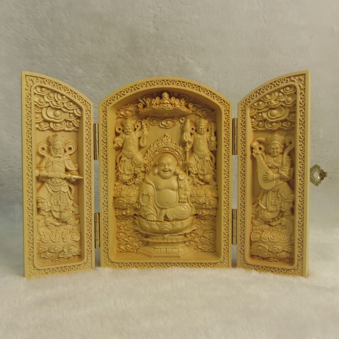 Laughing Buddha Handmade Boxwood Carving Buddhist Craft Buddah Maitreya ...