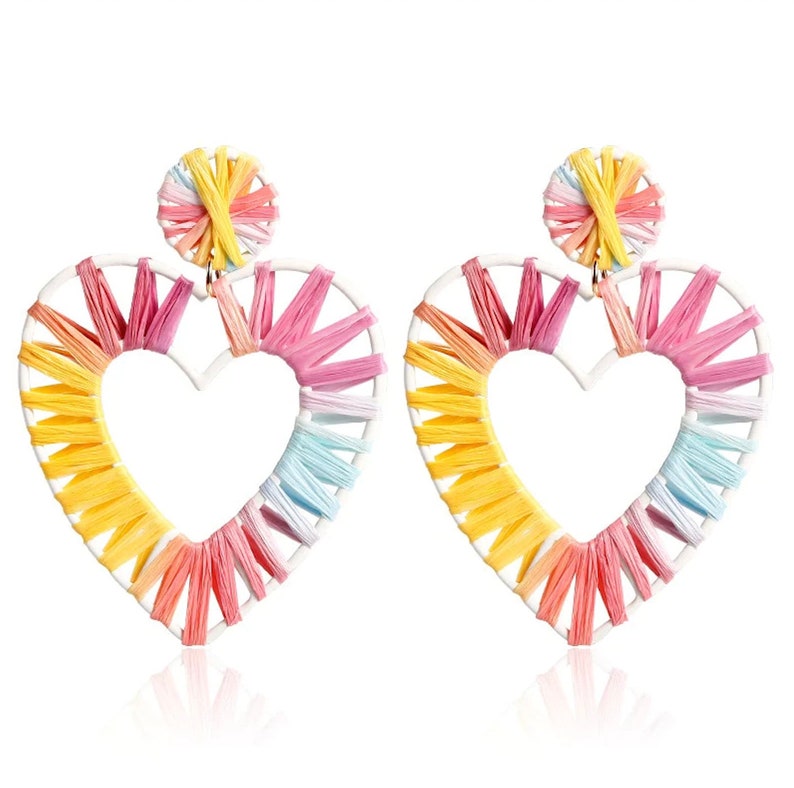 Pastel Rainbow Heart Rattan Raffia Drop Earrings - Etsy