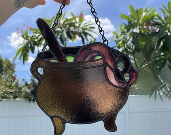 Handcrafted Stained Glass Cauldron Suncatcher in Purple/white, Spooky ...