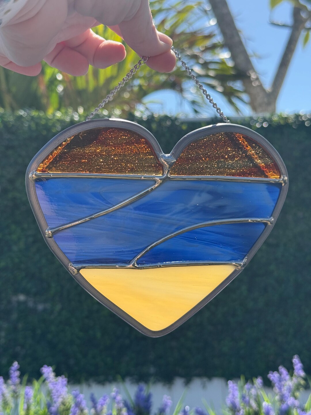 Medium Stained Glass Beach Sunset Suncatcher: Handmade Coastal Window ...