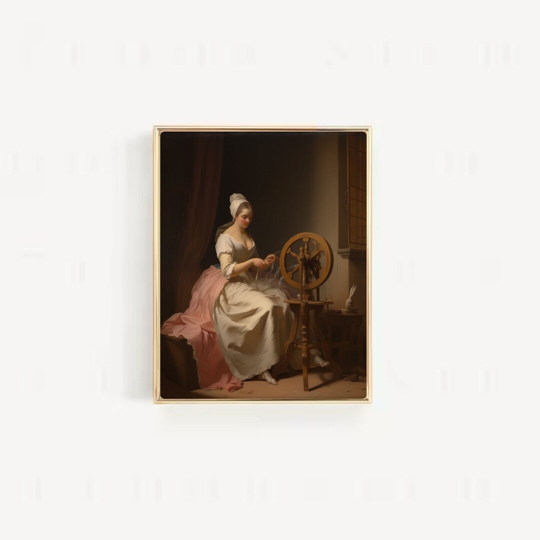 Vintage Lady at Spinning Wheel Print, Antique Portrait Painting of ...