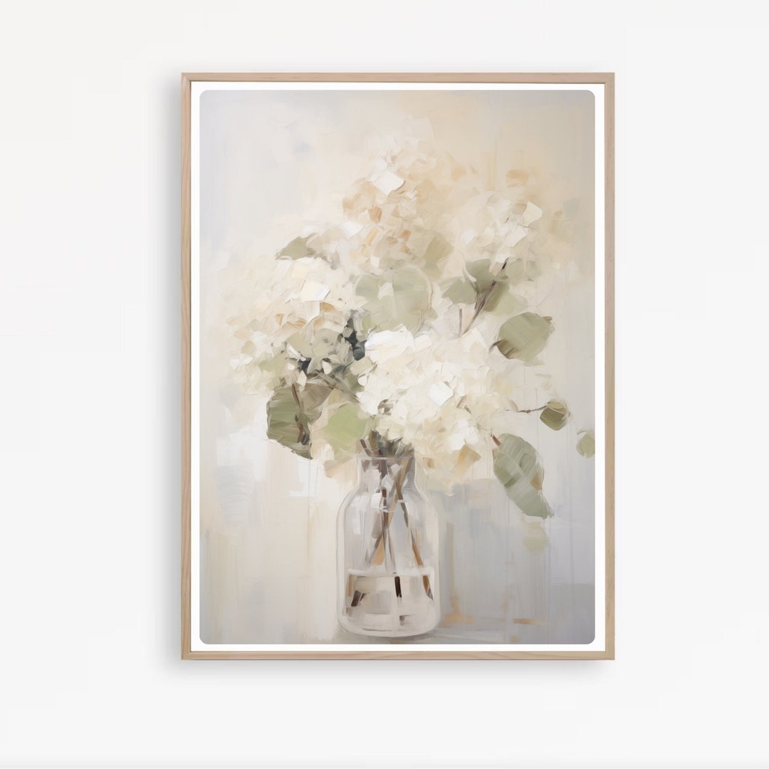 White Hydrangea Print, Hydrangea Flower Painting, Vintage Floral Wall ...