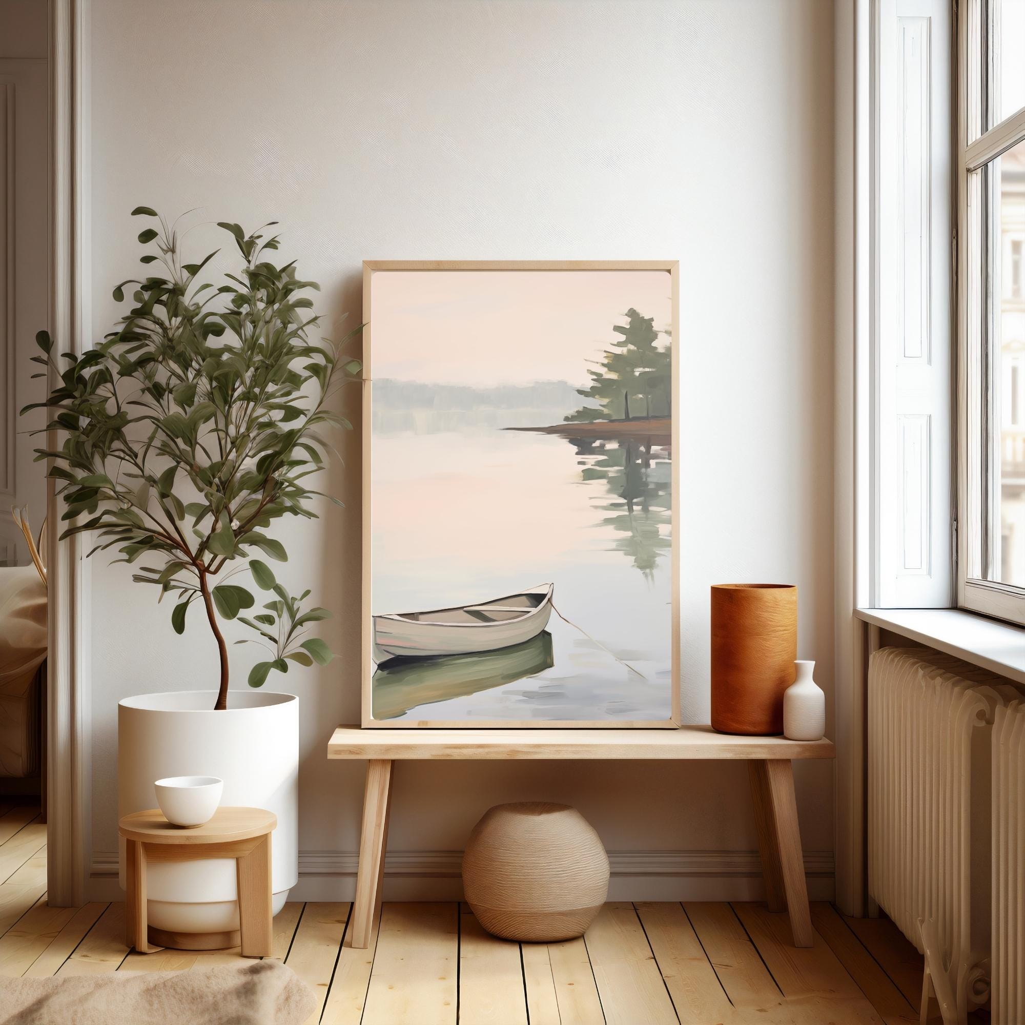 Lake Print, Row Boat Painting, Watercolor Painting, Lake Scenery, Lake ...