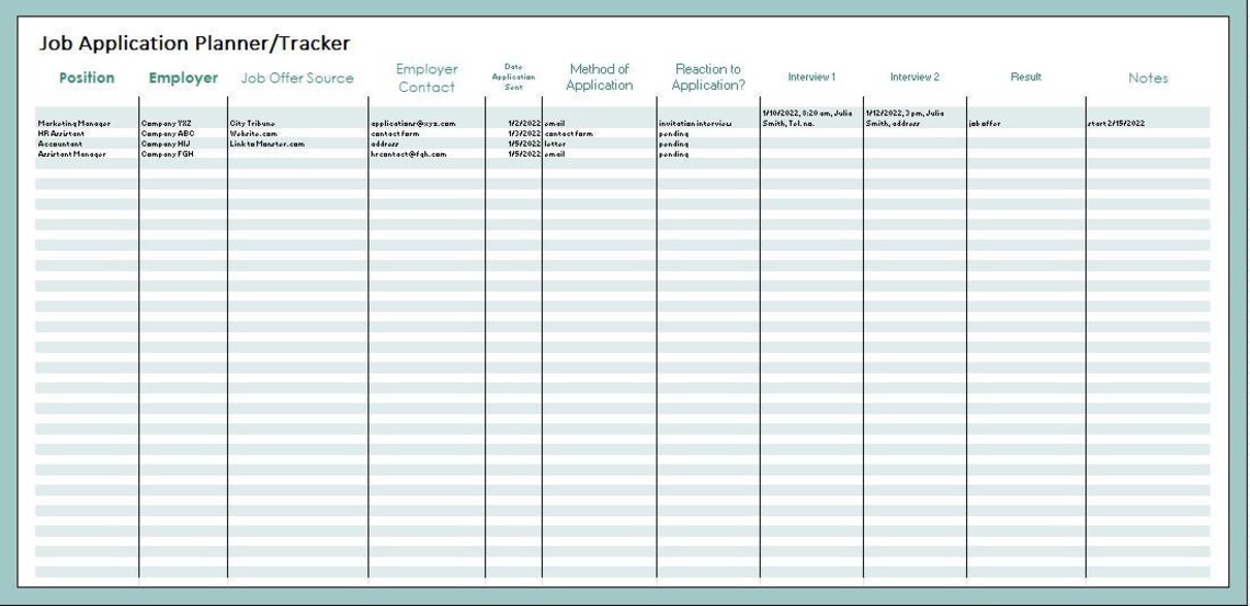 Job Application Tracker / Planner - Excel File - Digital Download - Etsy
