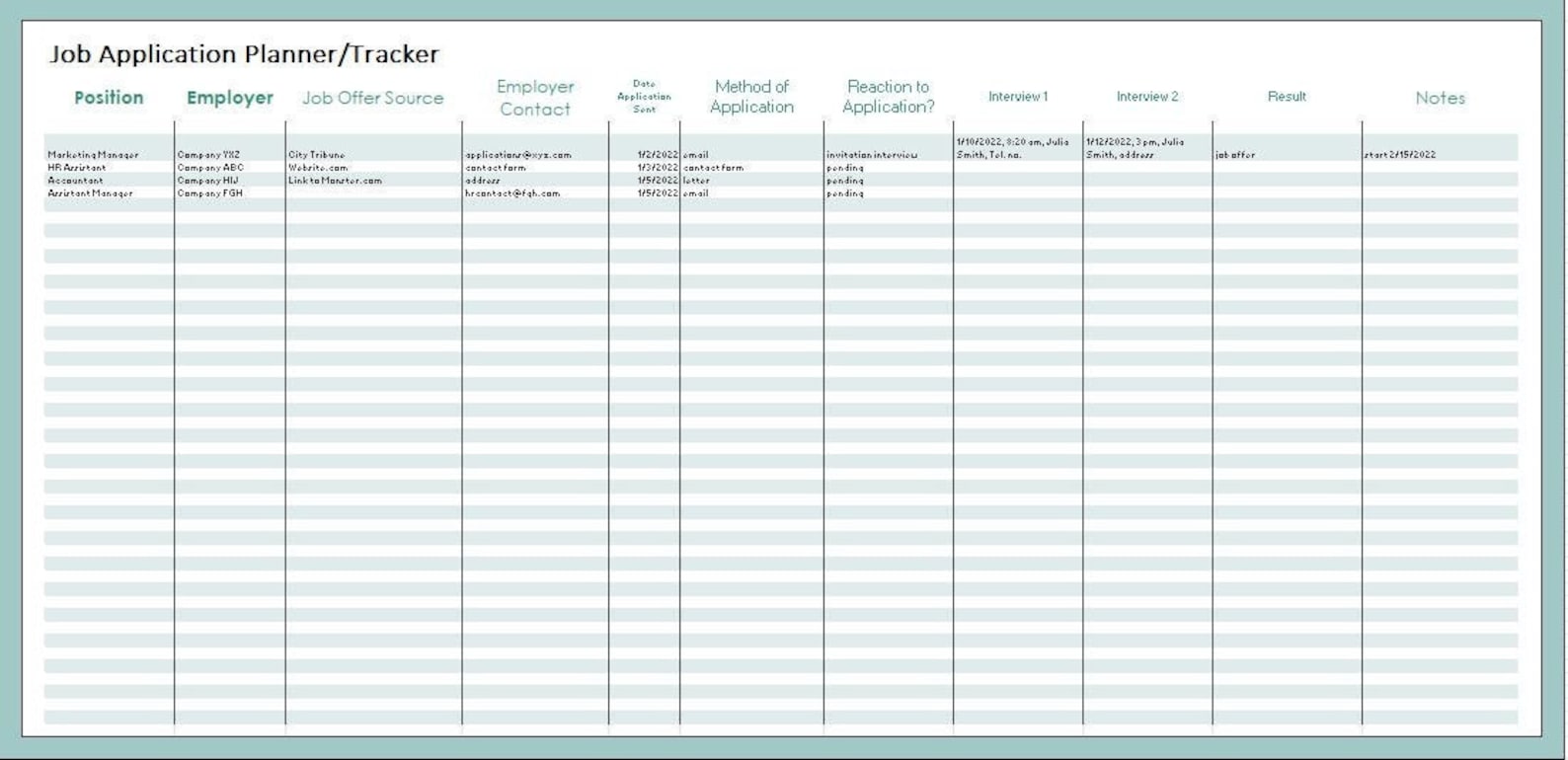 Job Application Tracker / Planner - Excel File - Digital Download - Etsy