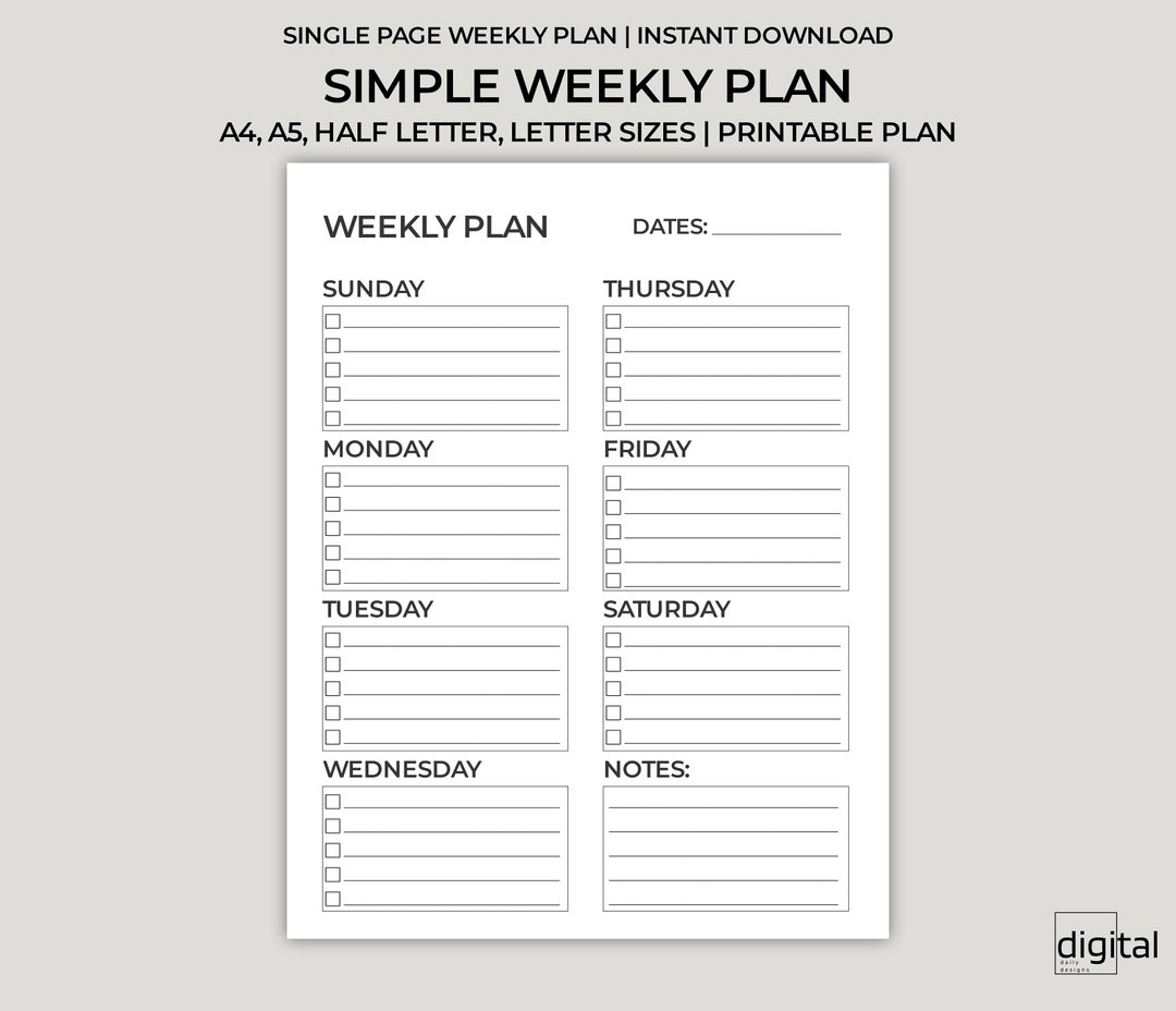 Simple Weekly Plan Printable Weekly Planner Printable to Do - Etsy