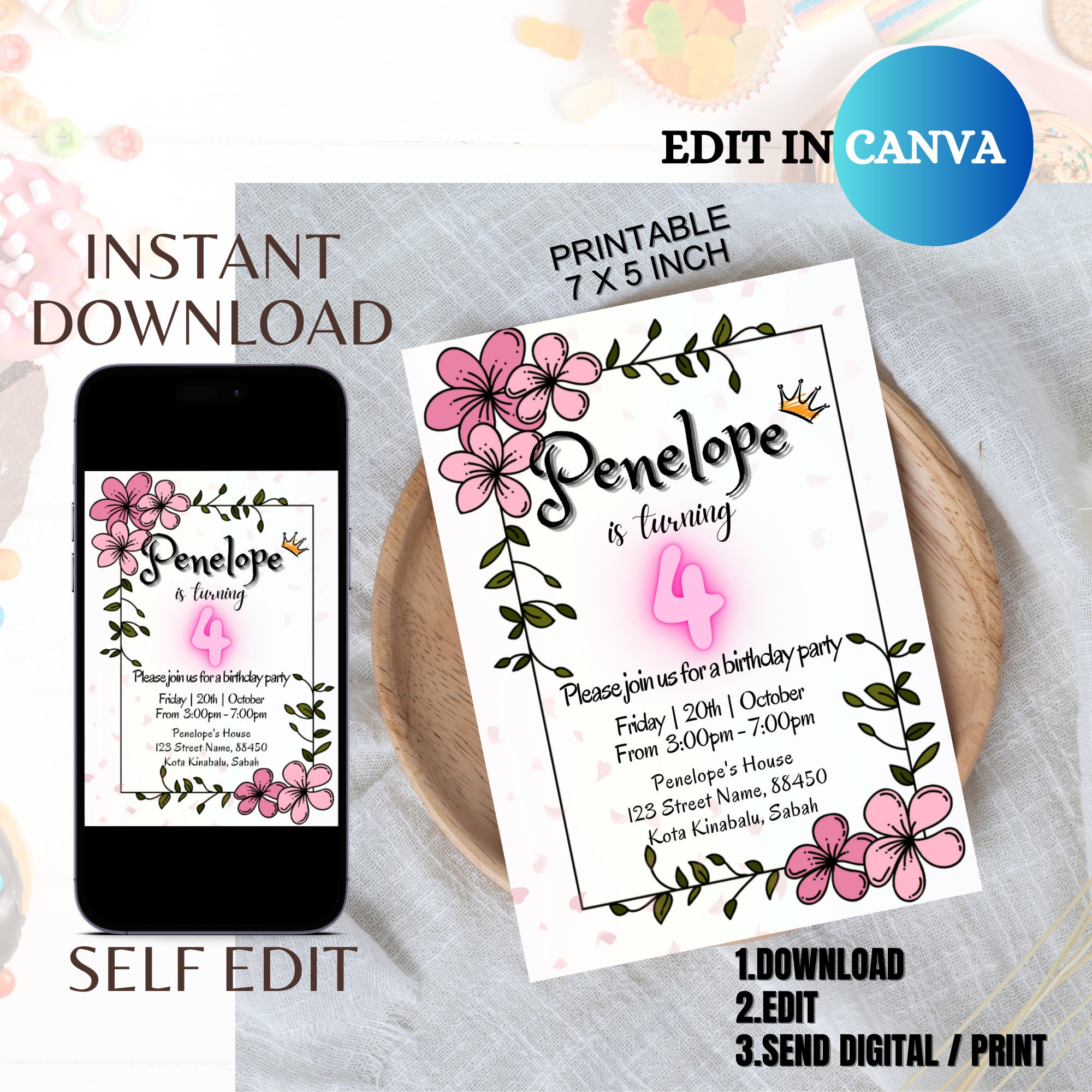 Editable Invitation| Birthday Invitation| Party| Flower Theme ...