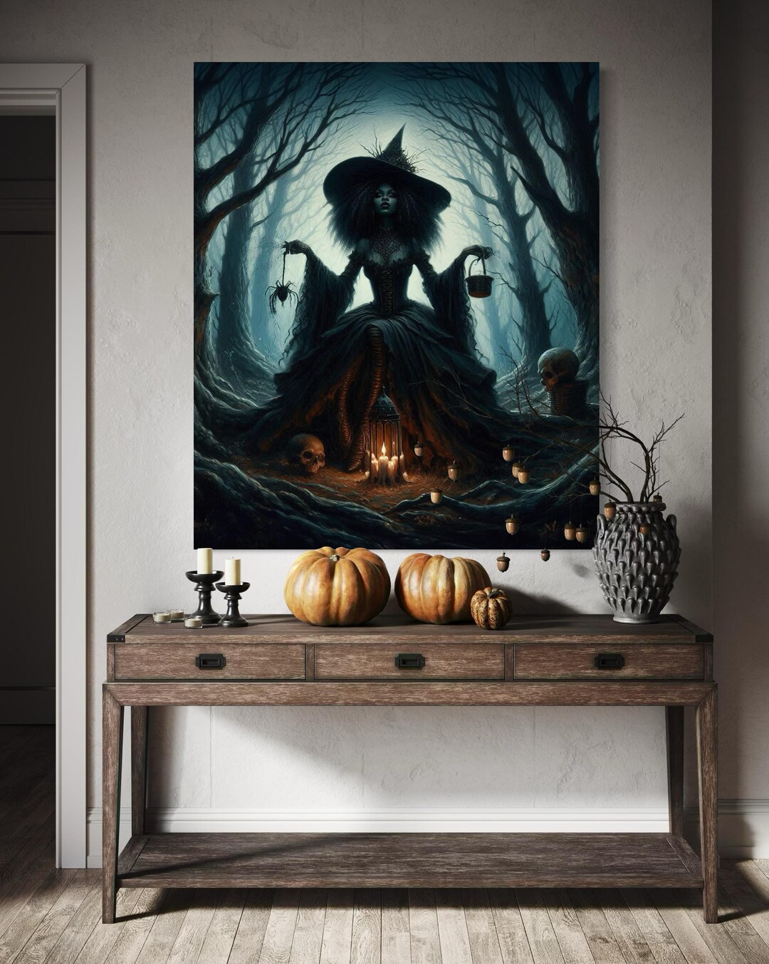 Witch in Woods Wall Art, Dark Witch Doing Magic in Enchanted Forest ...