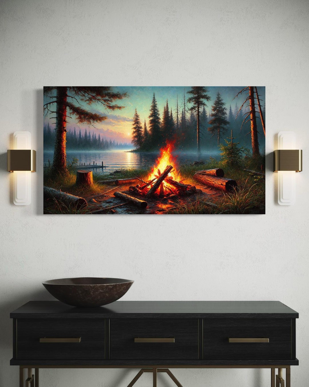 Campfire at Lake Canvas Print: Sunrise Bonfire Wall Art - Etsy