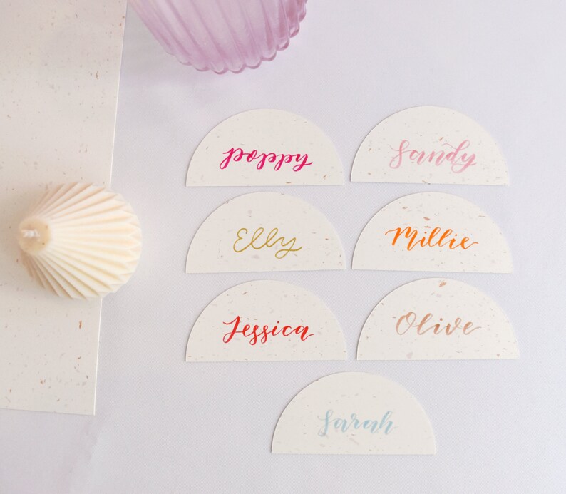 Semi-circle Arched Place Cards Pink Rose Gold Flakes Hand Lettered ...