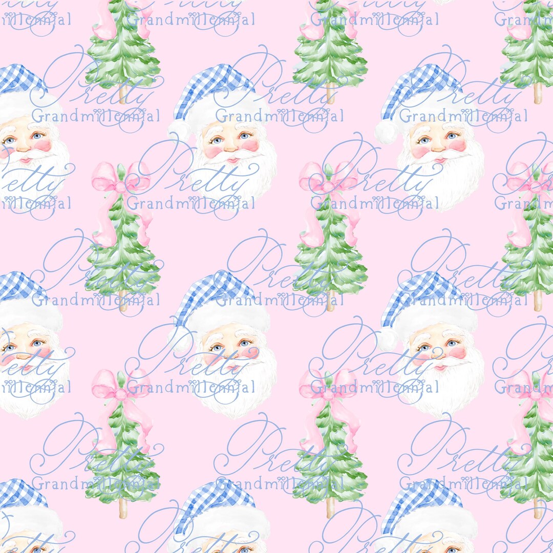 Preppy Santa Print, Seamless Santa Pattern, Gingham Hat Santa Pattern ...