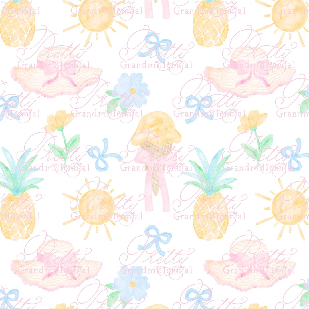 Grandmillennial Pineapple Sunhat Pattern, Seamless Preppy Summer ...