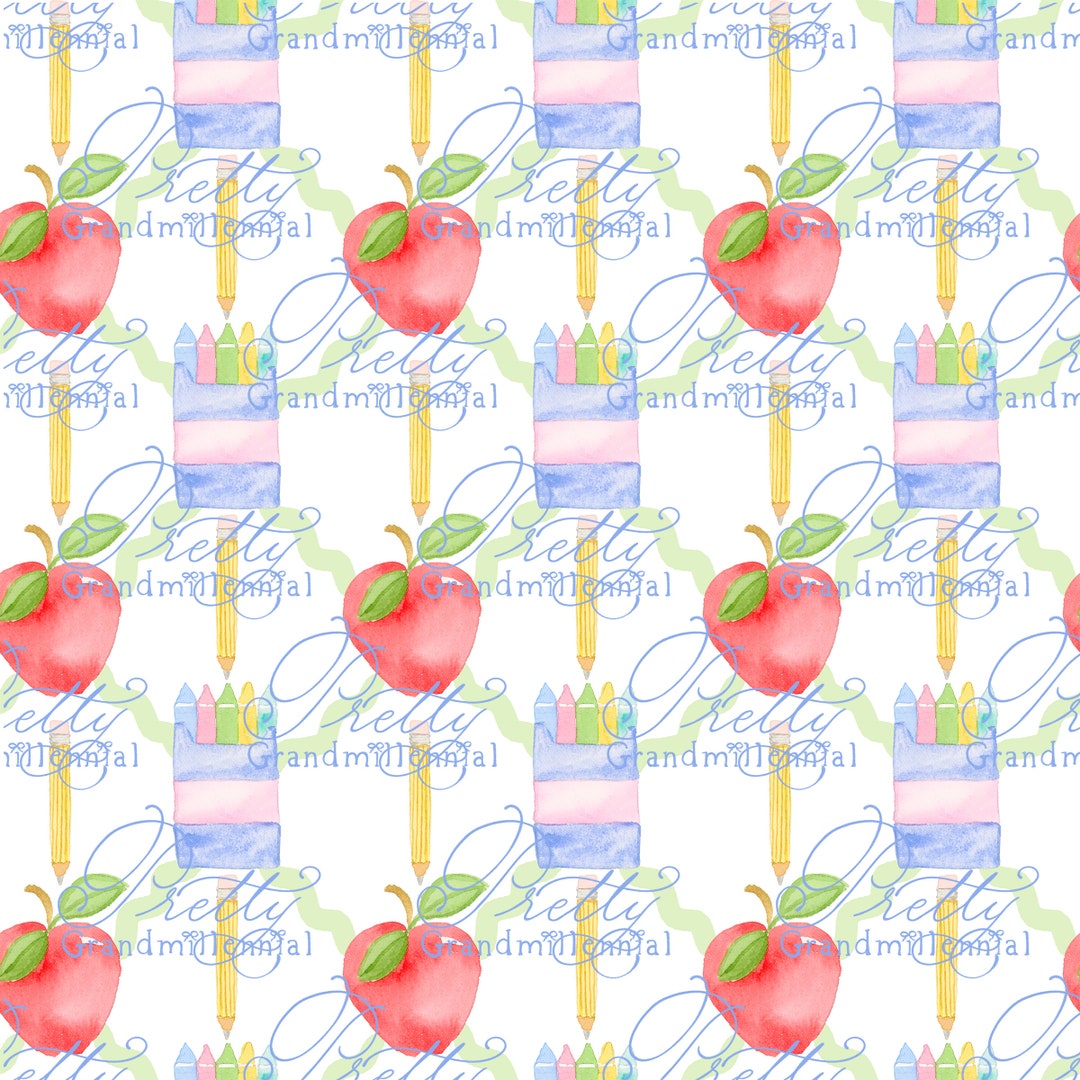 Grandmillennial Back to School Pattern, Apple Print, Watercolor School ...