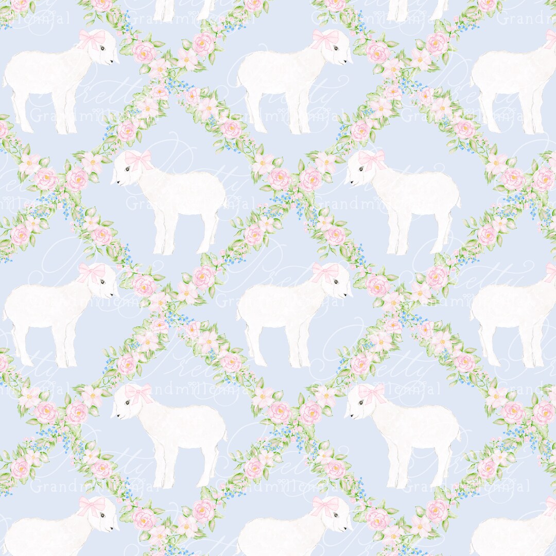 Lamb Floral Trellis Pattern on Blue, Spring Lamb Pattern, Watercolor ...