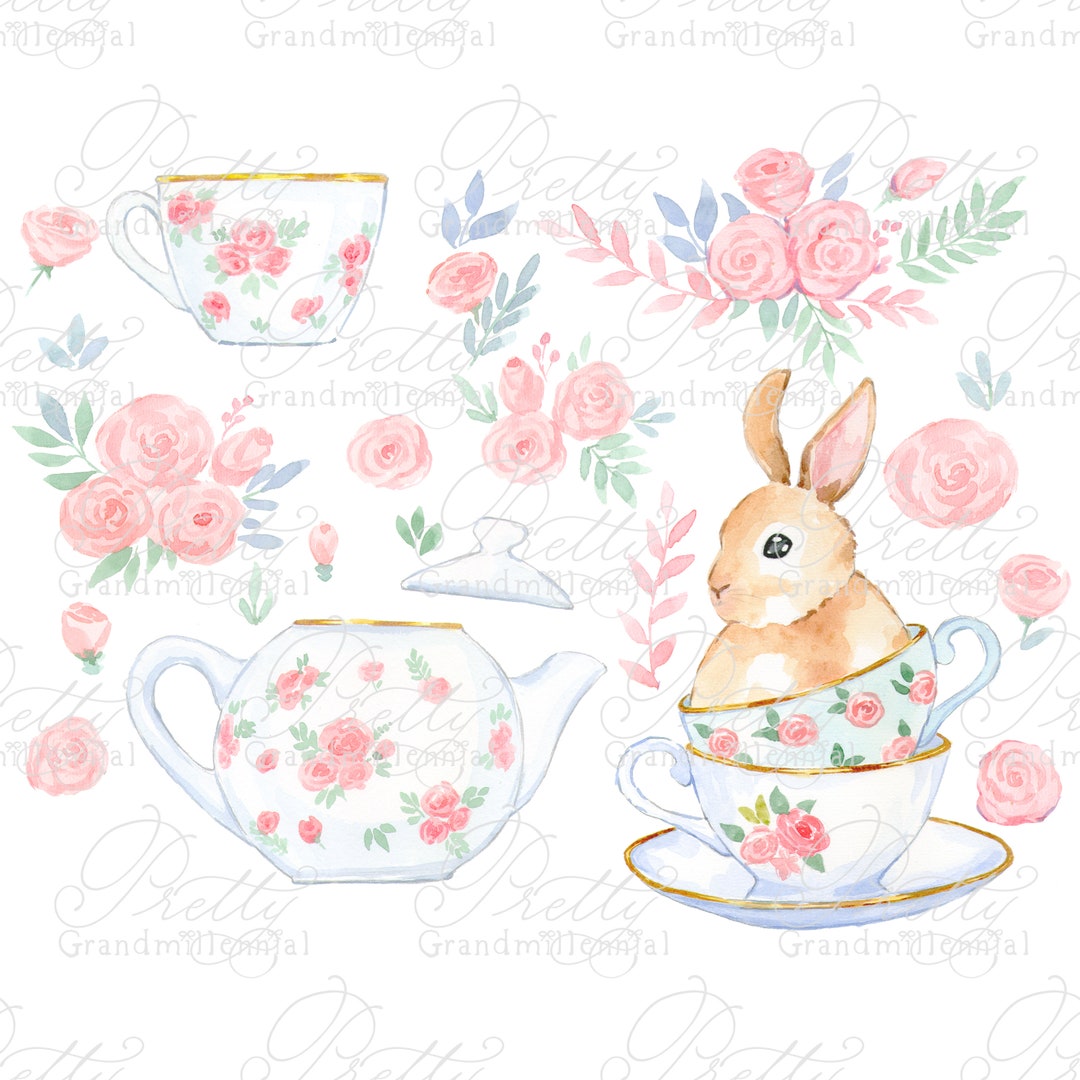 Watercolor Easter Bunny Tea Pot, Tea Set Watercolor, Tea Set Clipart ...