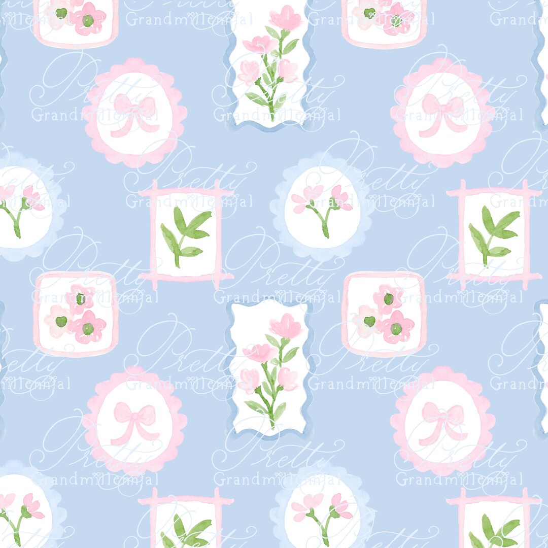 Grandmillennial Tile Floral Bows Pattern, Seamless Pattern, Floral ...