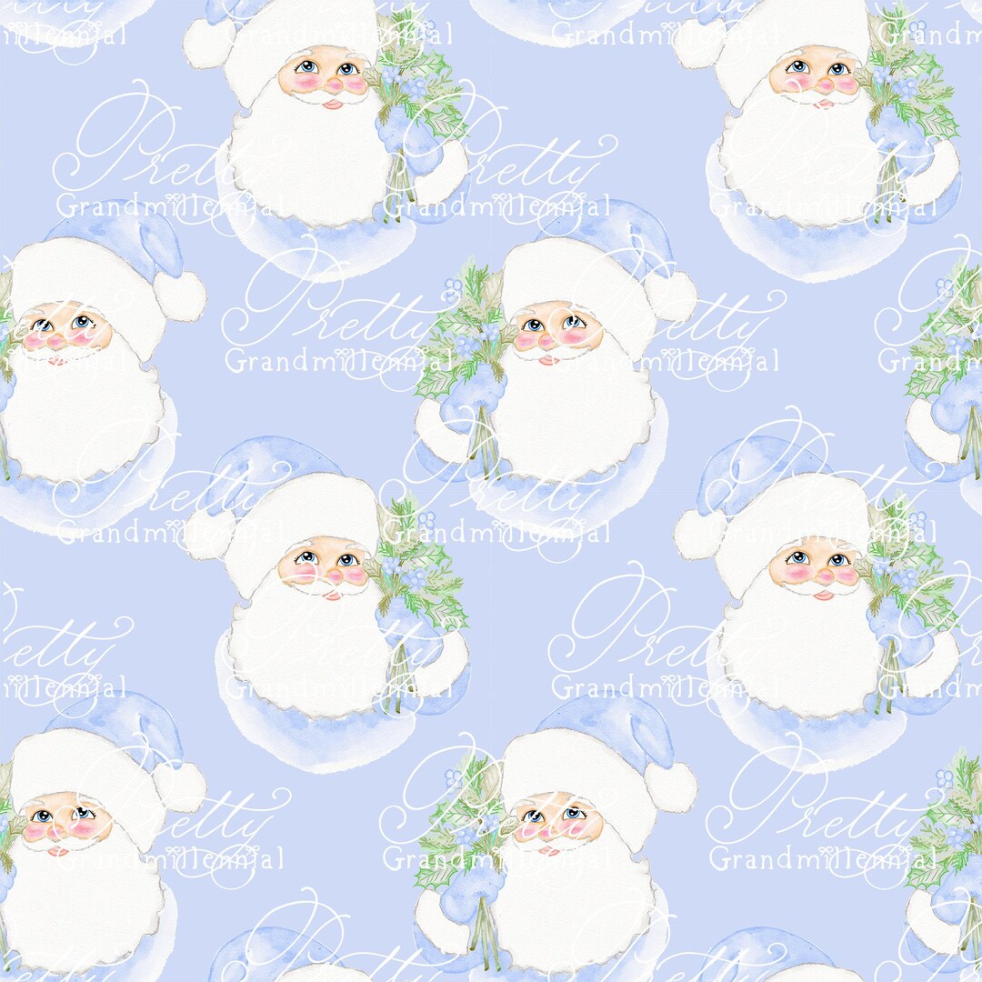 Grandmillennial Santa Pattern, Blue Hat Santa, Santa Print, Cute Santa ...