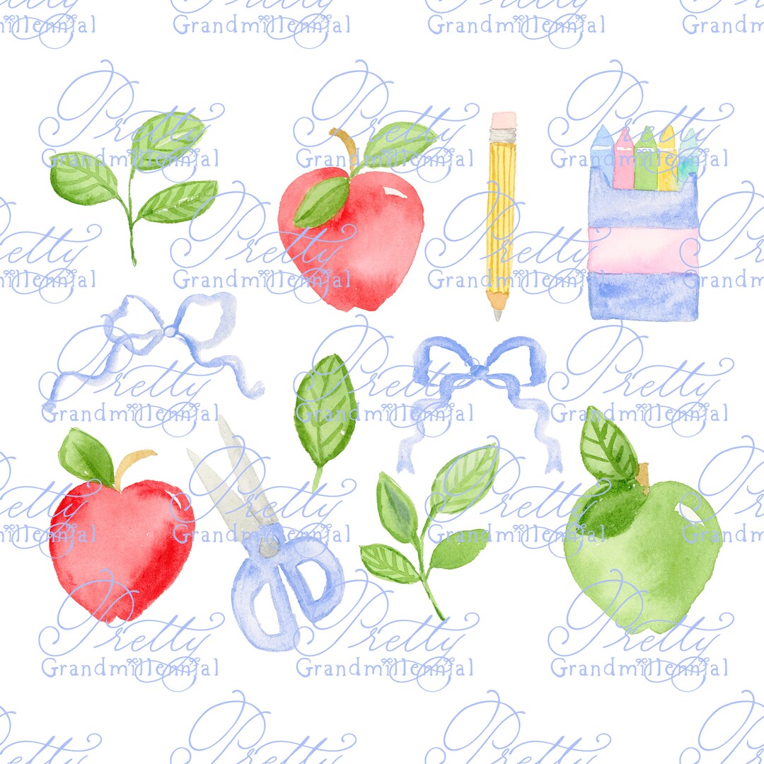Grandmillennial Back to School Clipart, Watercolor Back to School ...