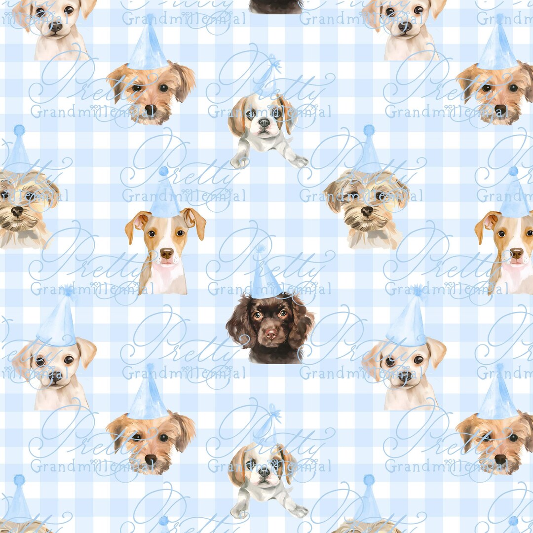Watercolor Puppies Dogs Pattern, Blue Party Hat Puppy, Preppy Patterns ...