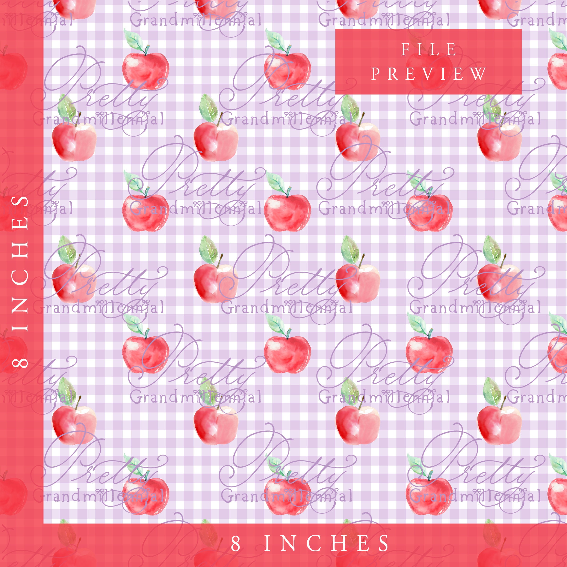 Grandmillennial Back to School Pattern, Gingham Apple Print, Watercolor ...