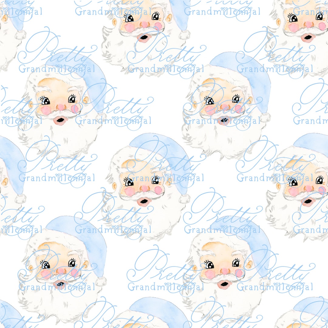 Grandmillennial Santa Pattern, Blue Hat Santa, Santa Print, Cute Santa ...