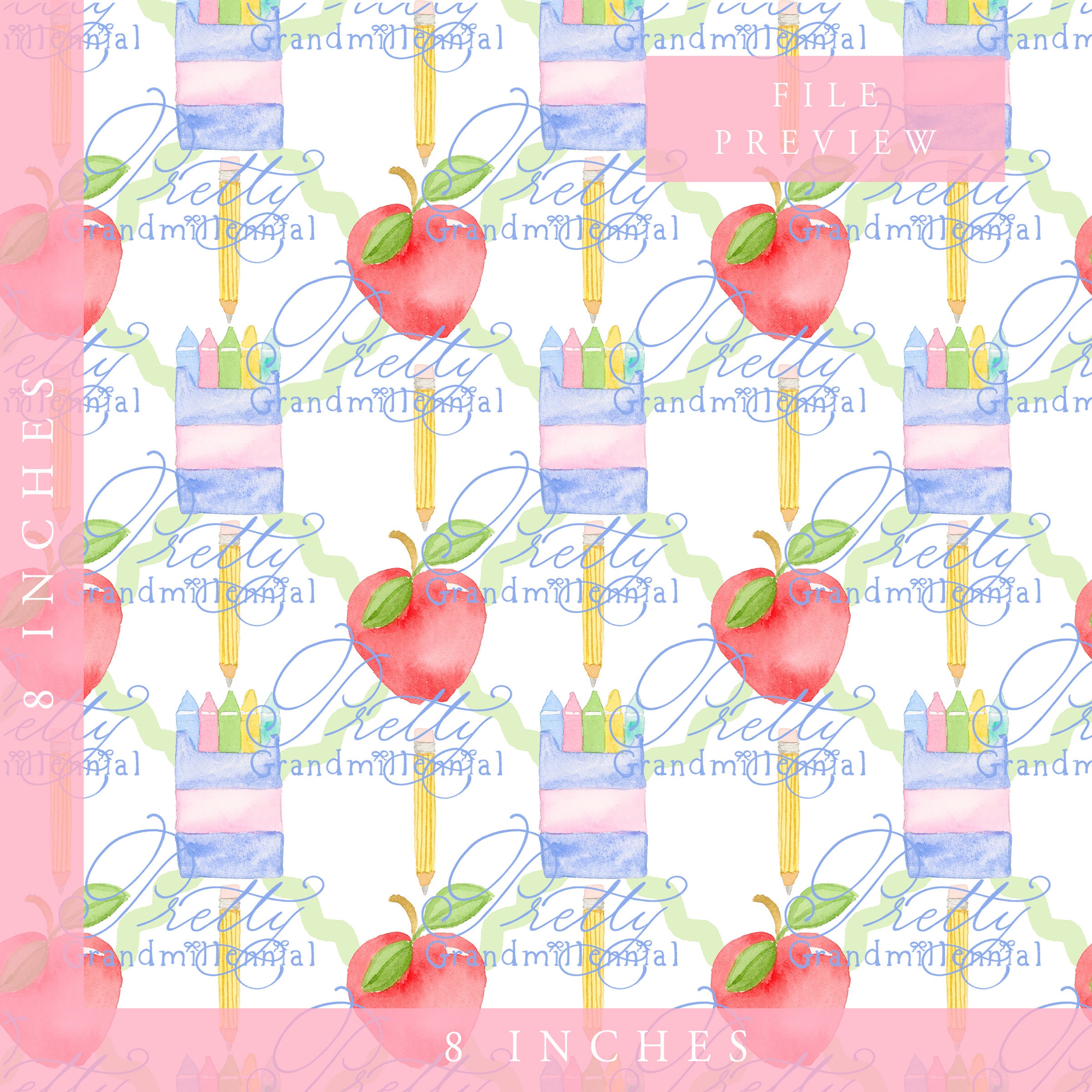 Grandmillennial Back to School Pattern, Apple Print, Watercolor School ...