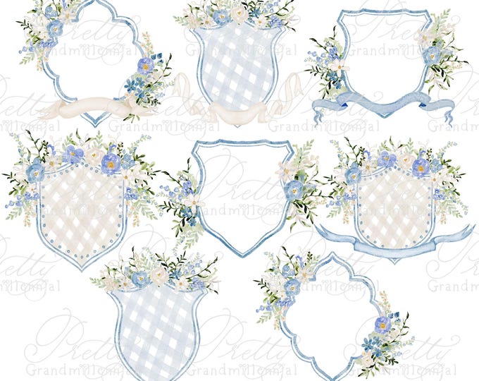 Blue and White Floral Wedding Crest- Watercolor Wedding Monogram ...
