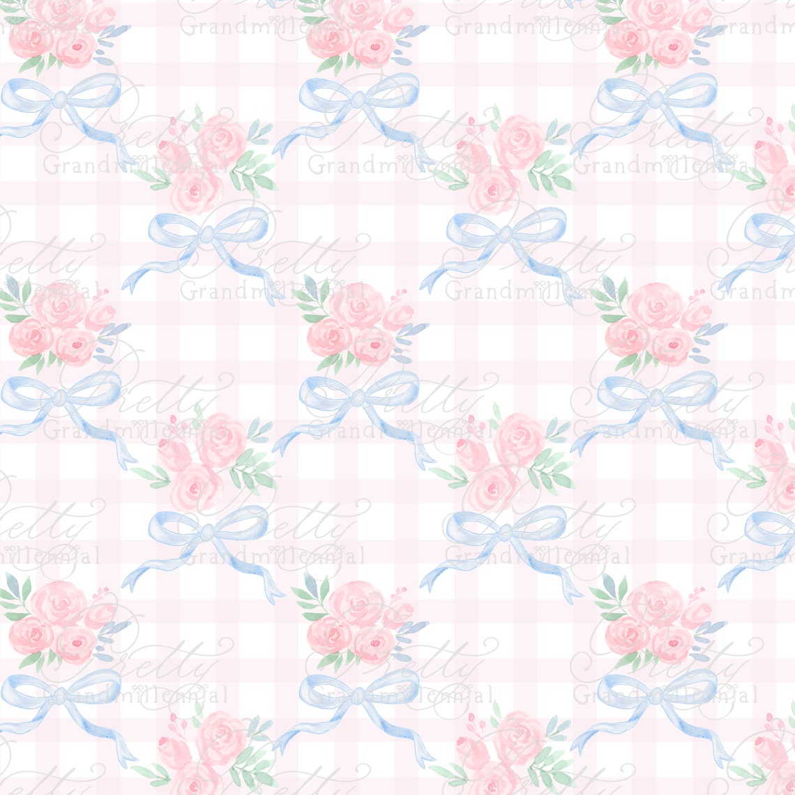 Watercolor Bows Roses Gingham Pattern, Watercolor Hearts, Hearts ...
