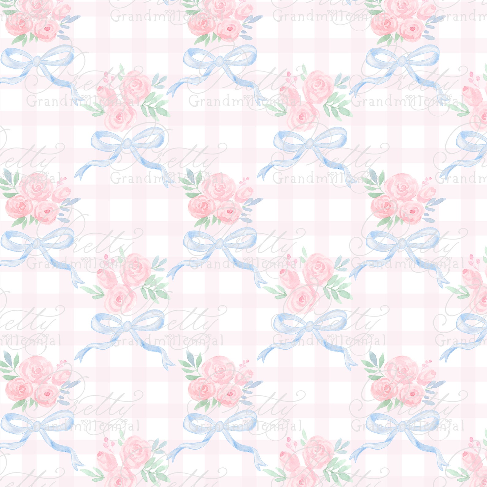 Watercolor Bows Roses Gingham Pattern, Watercolor Hearts, Hearts ...