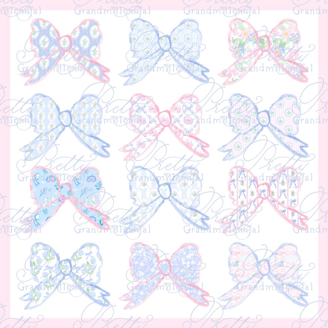 Grandmillennial Preppy Bows, Watercolor Bows, Bows Clipart, Watercolor ...