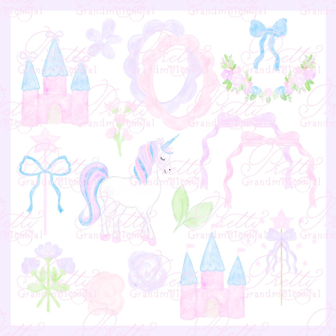 Watercolor Unicorn Clipart, Preppy Castle Clipart, Unicorn Pastel ...
